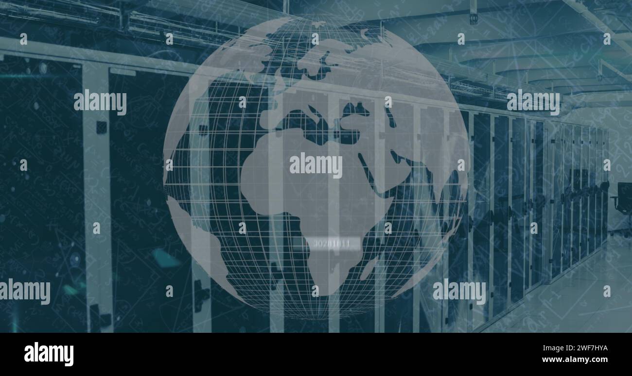 Image of social media icons and globe over server room Stock Photo - Alamy