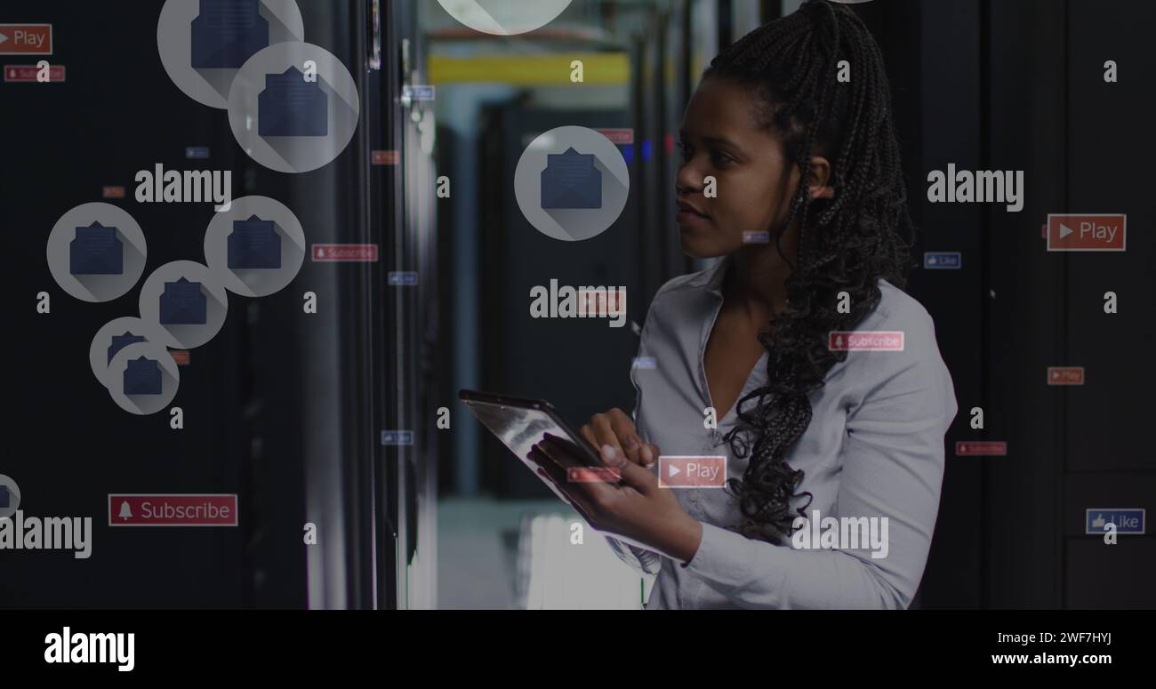 Image of social media icons and texts over african american ...