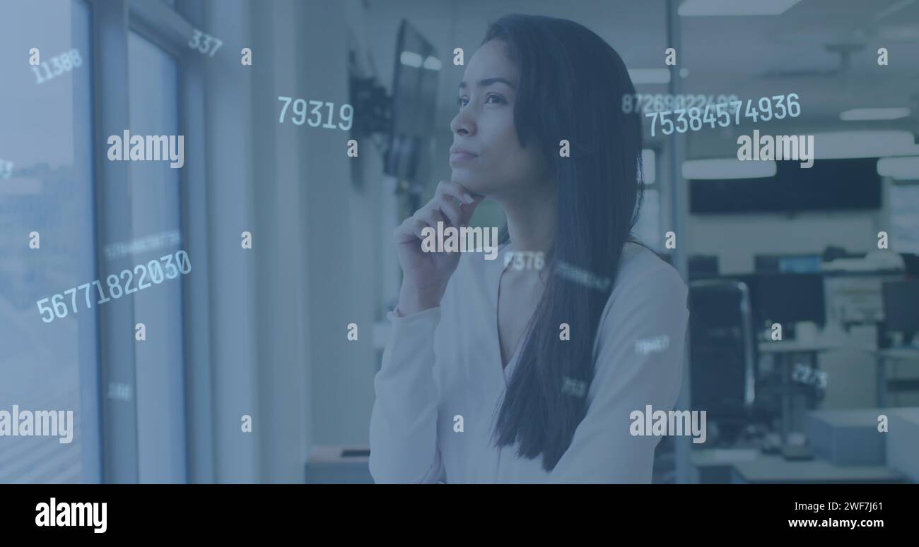 Image of digital interface showing floating numbers and a woman looking through window in an ...