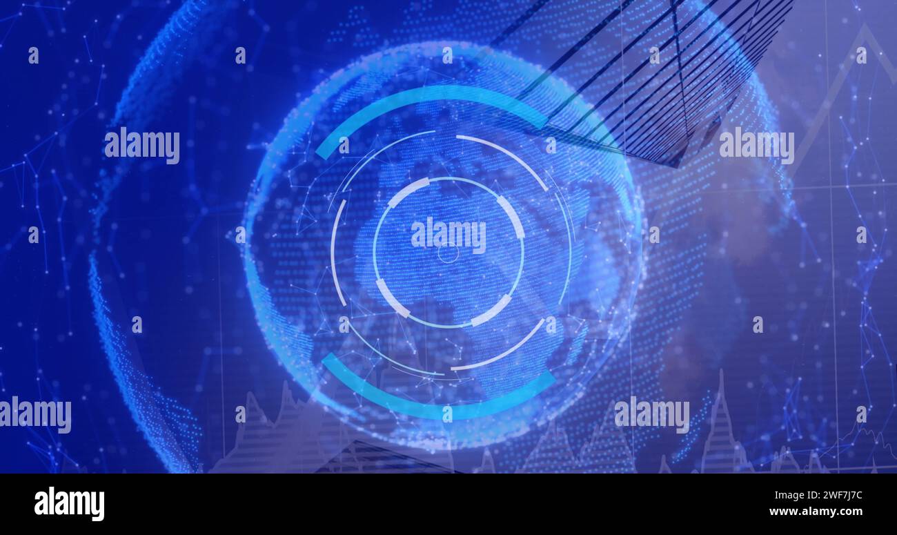 Round scanner and network of connections on blue background against ...