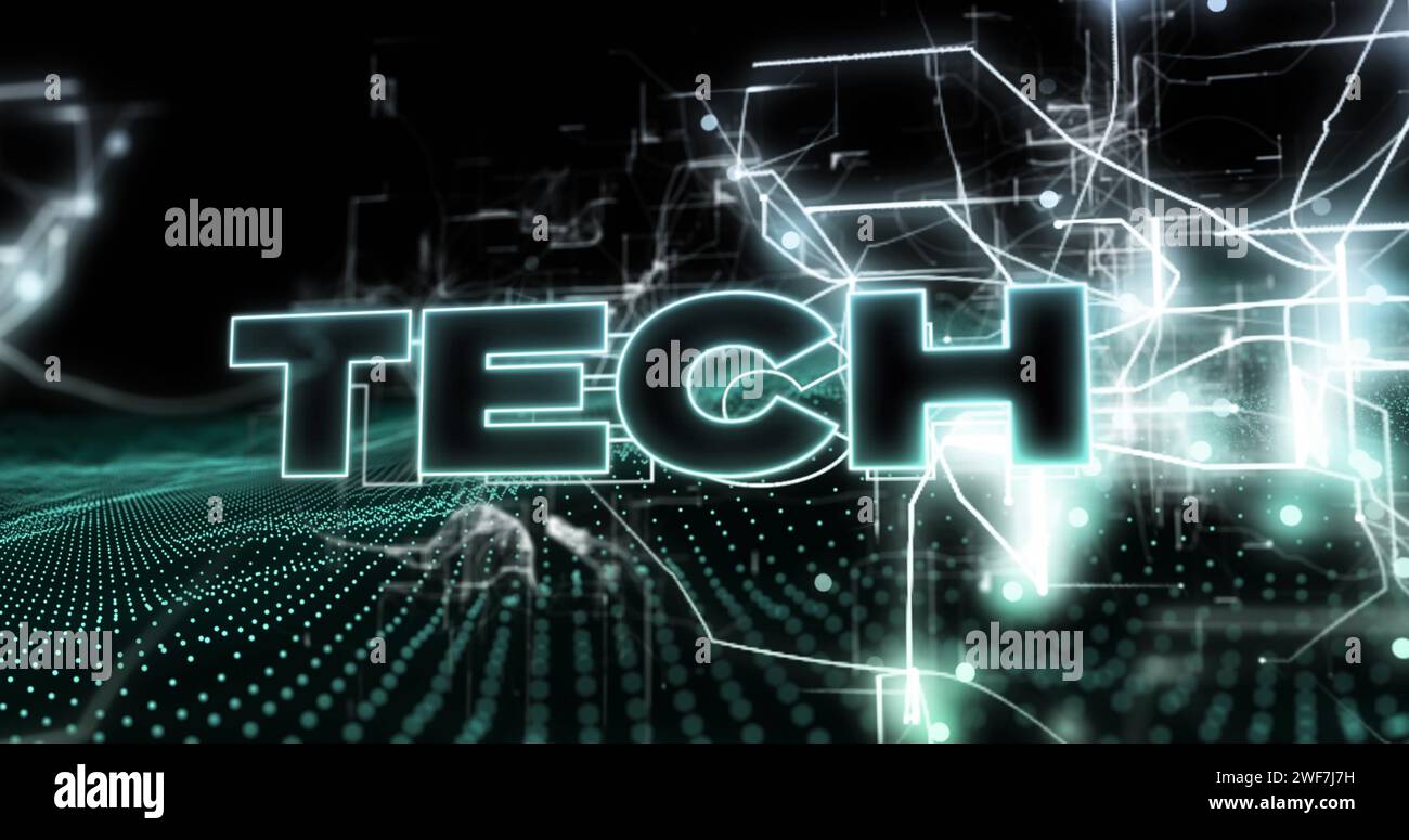 Image of tech text over spots on black background Stock Photo - Alamy
