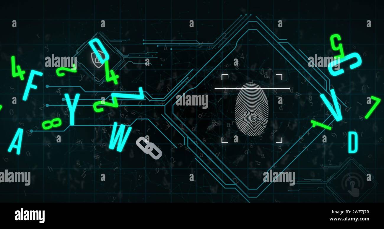 Image of biometric fingerprint, letters and numbers changing, scope scanning and data processing ...