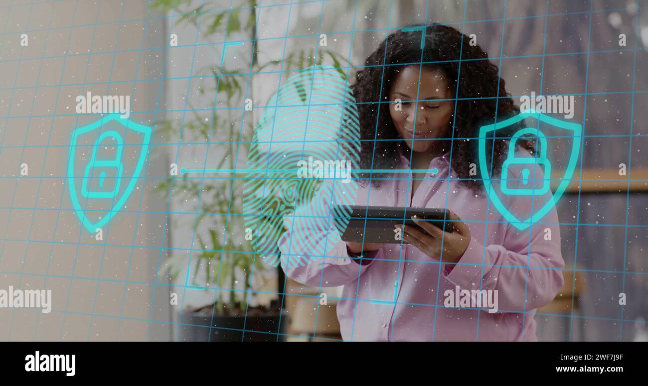 Image of biometric fingerprints and data over african american ...