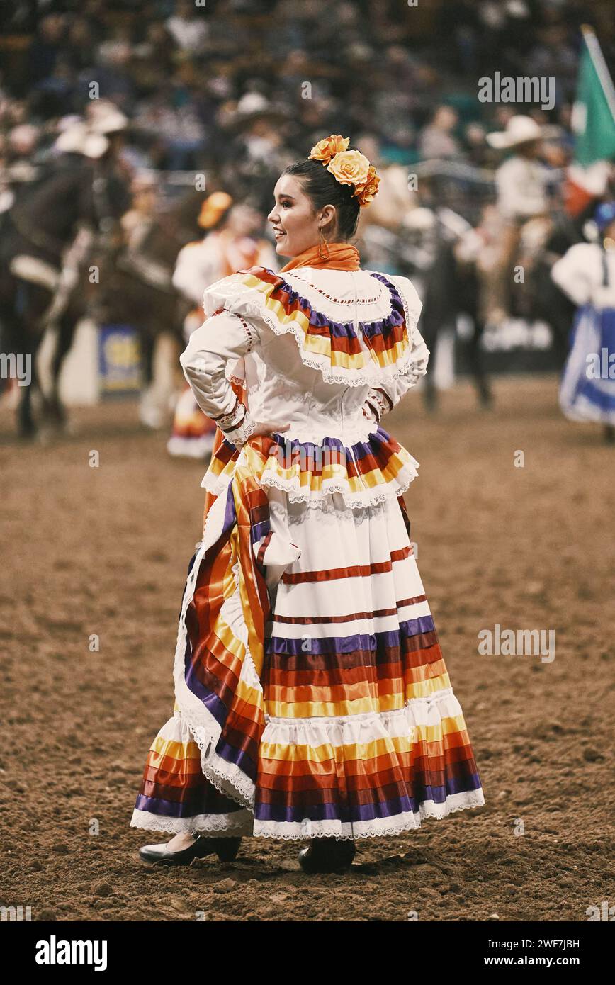 Female Mexican performer dancing in rodeo Stock Photo - Alamy
