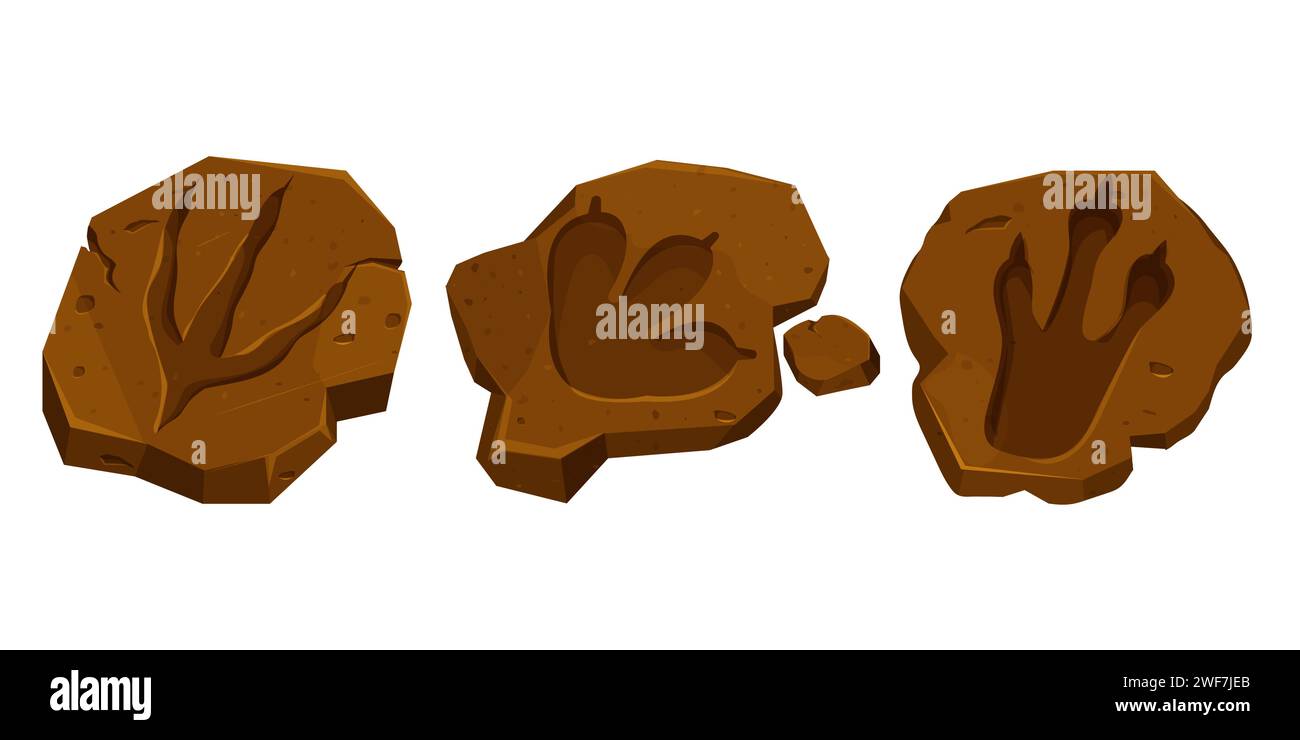Set dinosaur fossil, paw print, reptile foot trail in cartoon style ...