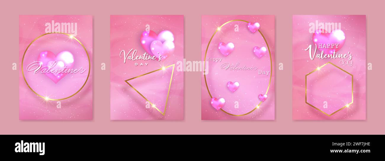 Happy Valentines day set card. 3D glossy pink glass hearts on luxury ...