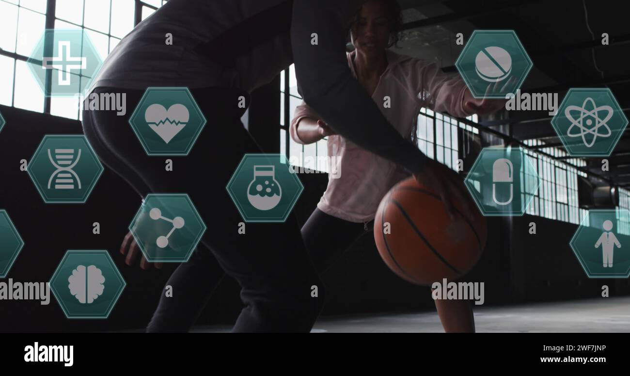 Image of medical icons over man and woman playing basketball Stock ...