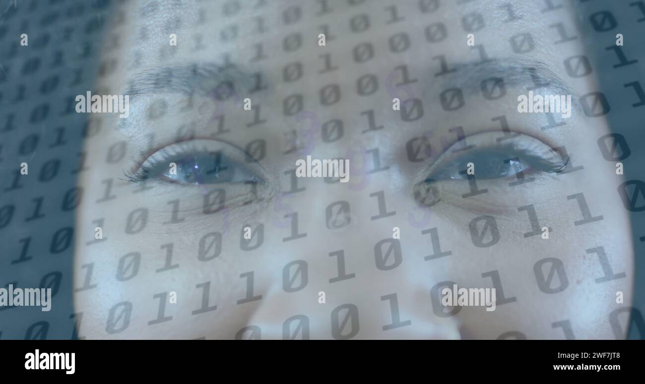 Image of binary coding data processing over biracial businesswoman ...