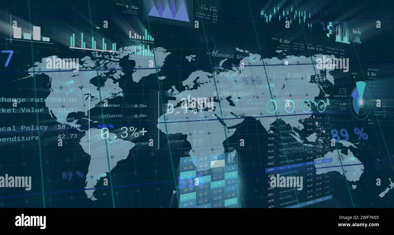 Image of financial data processing over world map Stock Photo - Alamy