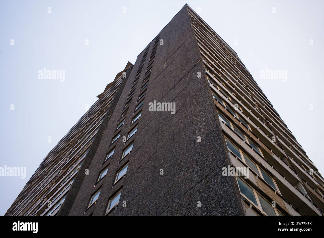 Looking up at the 1960s tower block, James Riley Point in Stratford ...