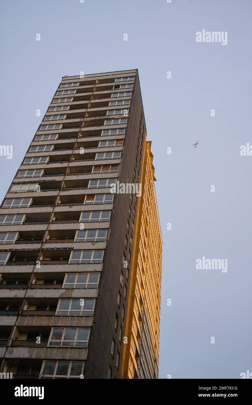 Looking up at the 1960s tower block, James Riley Point in Stratford ...