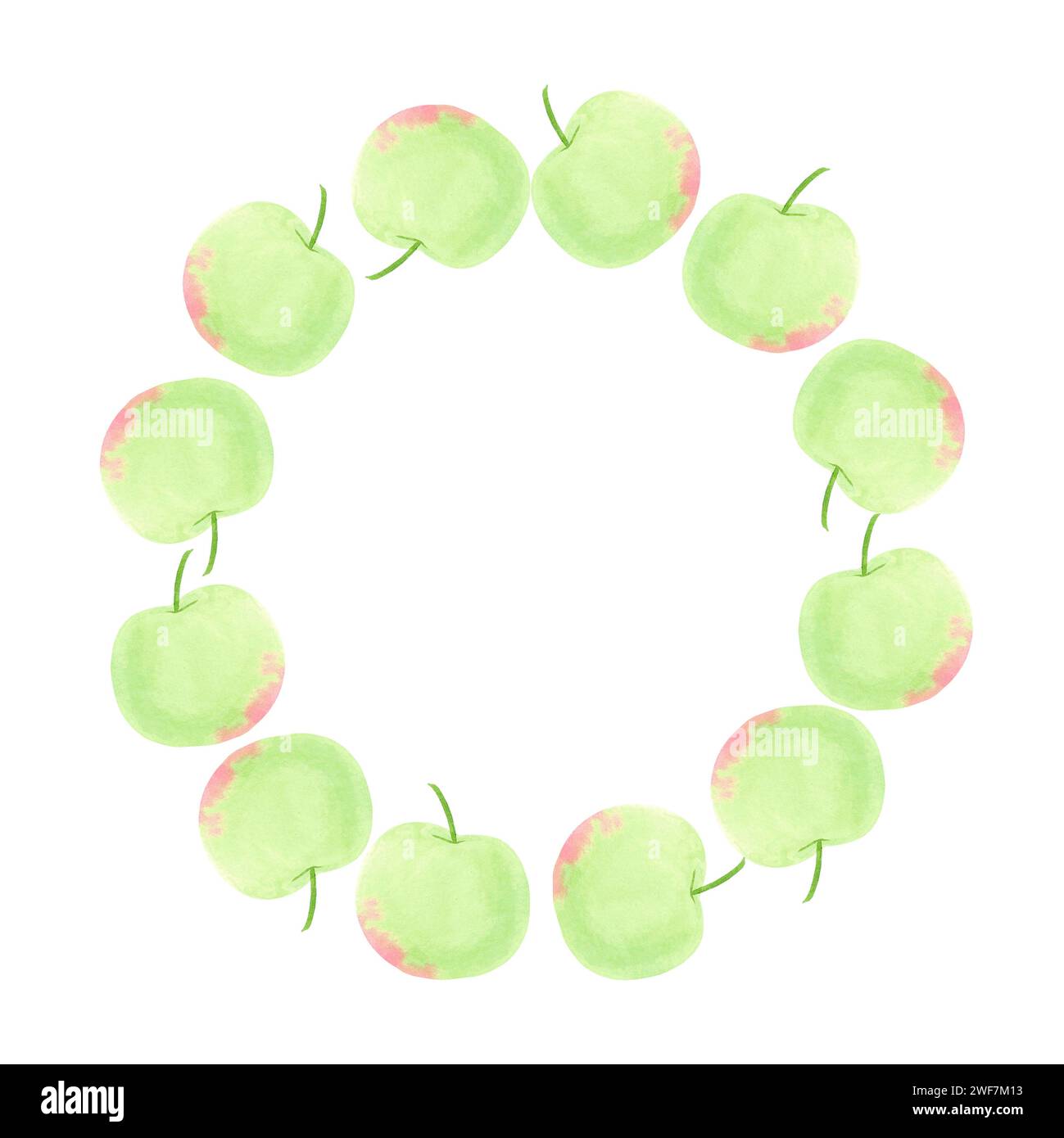 Hand drawn watercolor green apple wreath border isolated on white ...