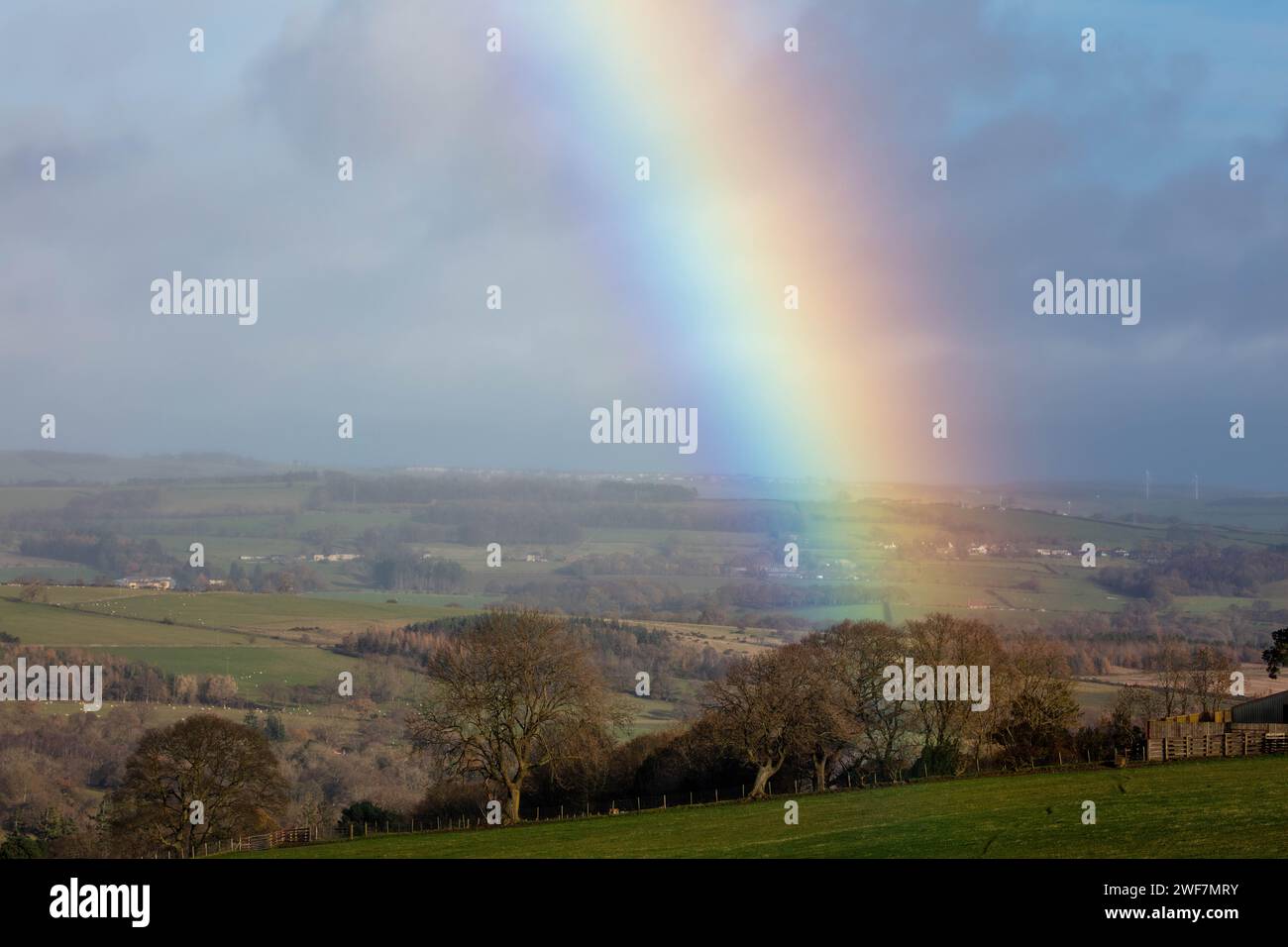 Rainbow over farmland and fields in County Durham, England, UK Stock ...