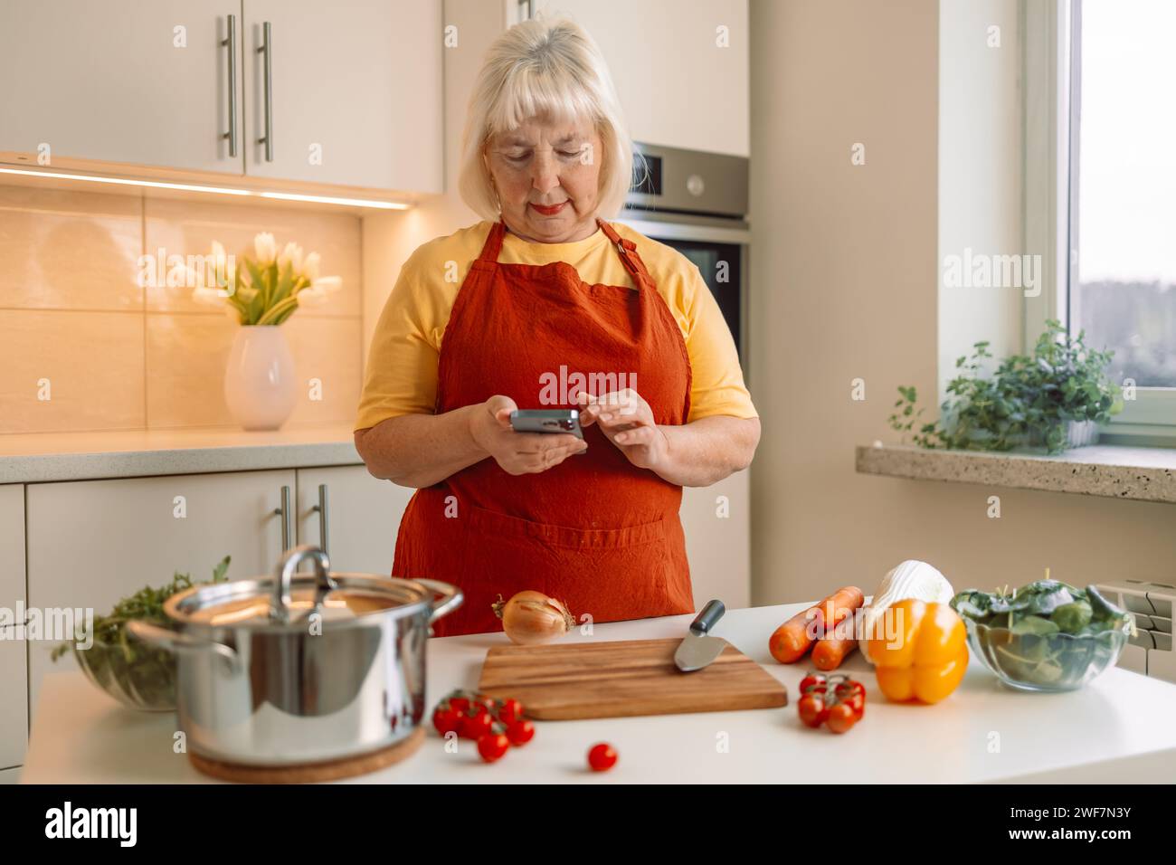 Woman housewife holds phone using cooking apps websites search recipes ...