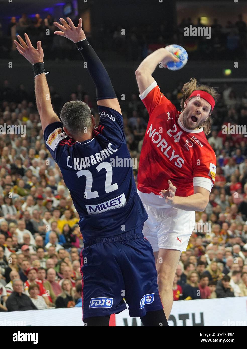 Mikkel Hansen of Denmark and Luka Karabatic of France during the Men's ...