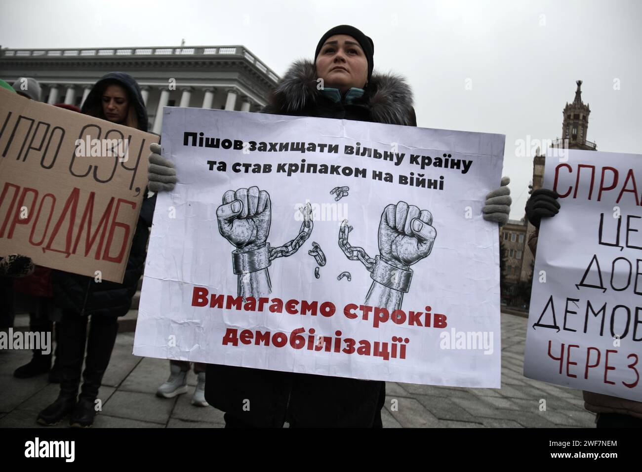 KYIV, UKRAINE - JANUARY 28, 2024 - A participant holds a placard during ...