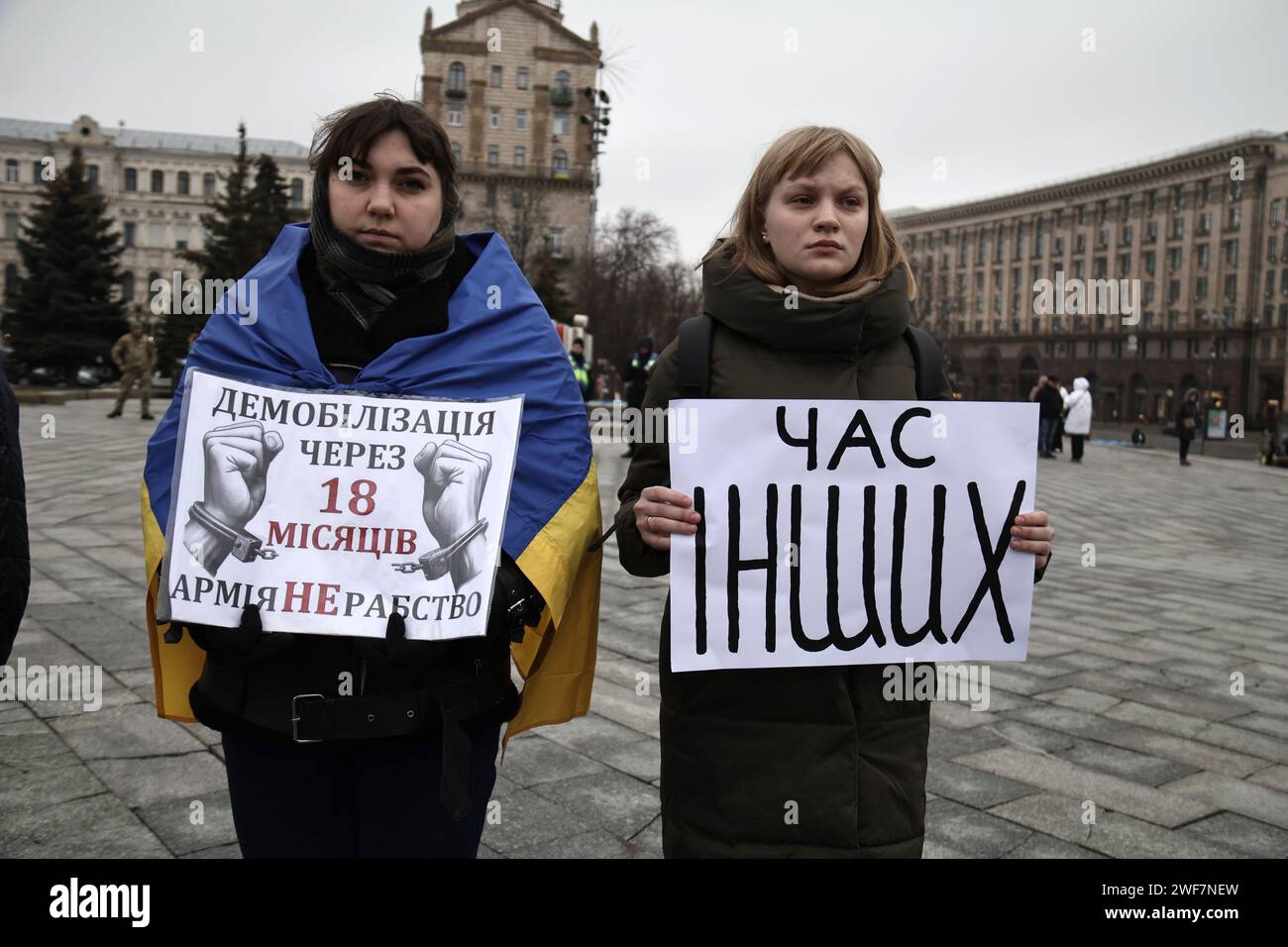 KYIV, UKRAINE - JANUARY 28, 2024 - Participants hold placards during a ...