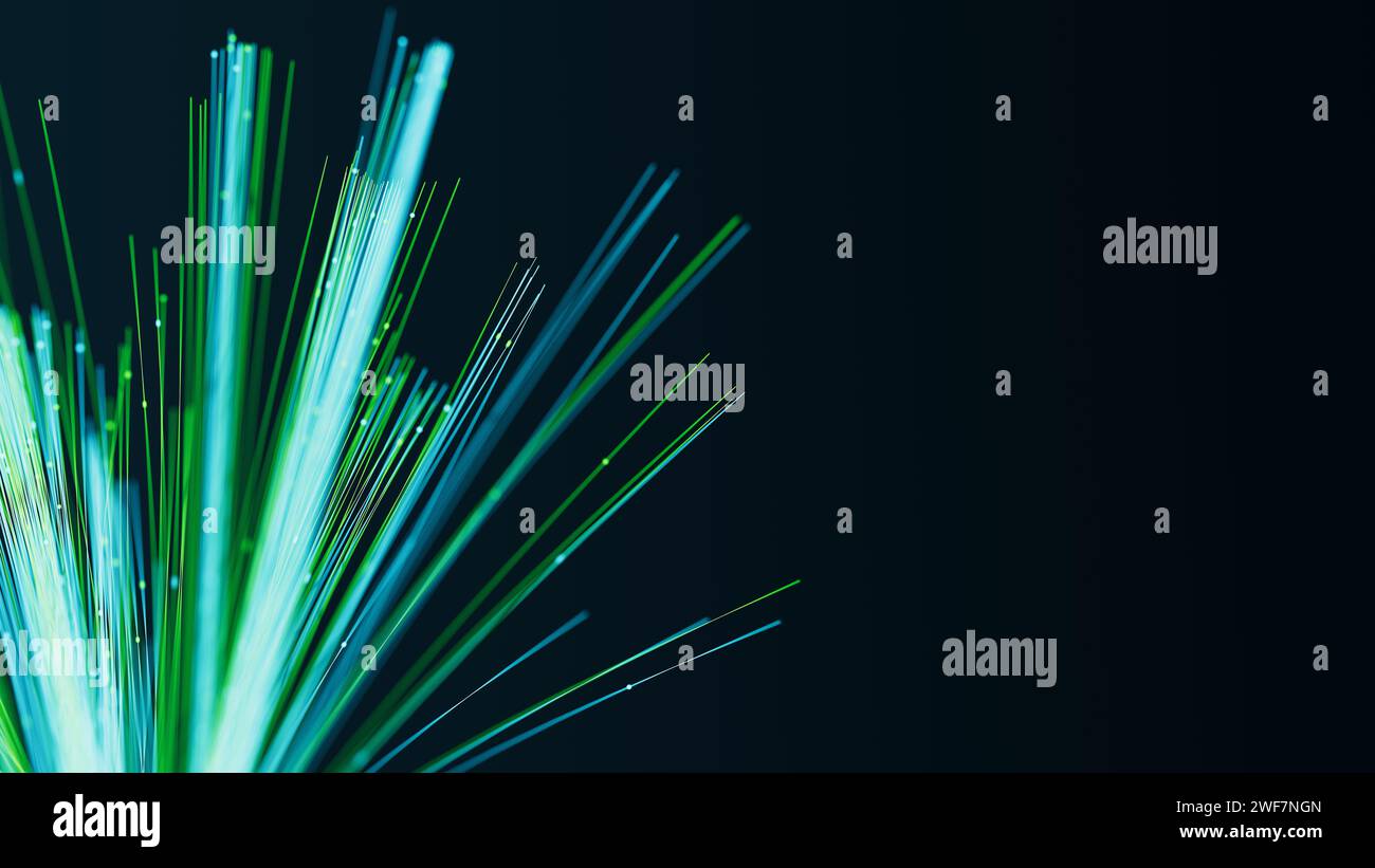 Illuminated cyan fiber optic cables with moving data. Glowing internet ...