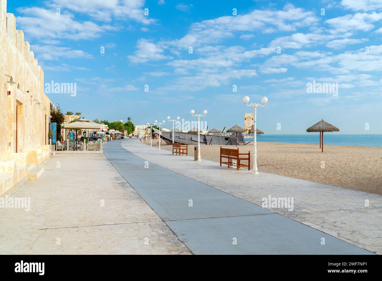 Wakra, Qatar - January 22, 2024: Traditional dhow boat on a beach ...