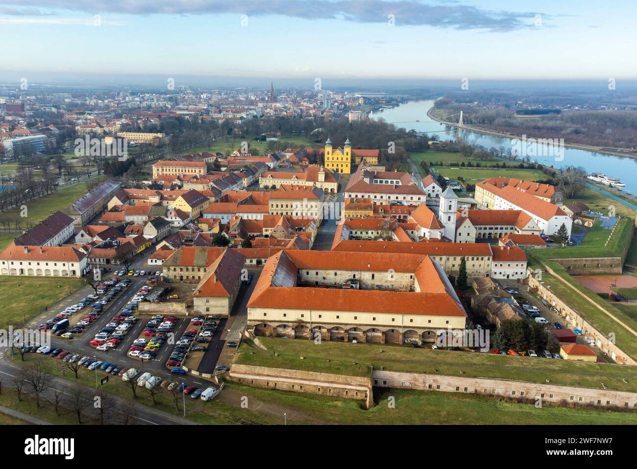 Osijek, Croatia. 23rd Jan, 2024. Aerial photo of Tvrdja (Citadel), the ...