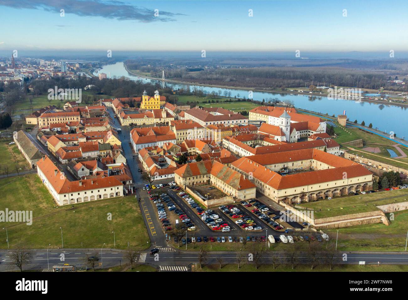 Osijek, Croatia. 23rd Jan, 2024. Aerial photo of Tvrdja (Citadel), the ...