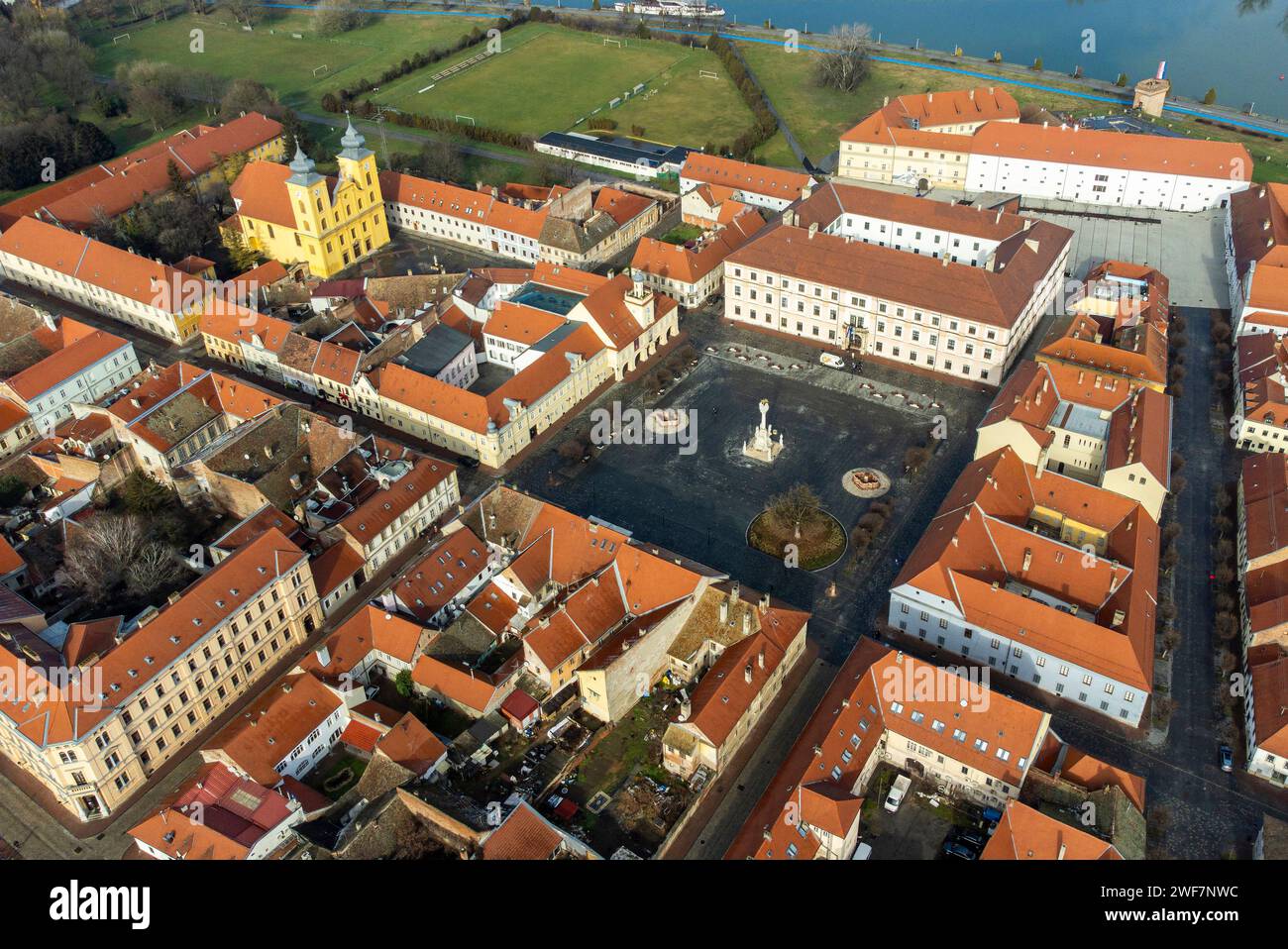 Osijek, Croatia. 23rd Jan, 2024. Aerial photo of Tvrdja (Citadel), the ...
