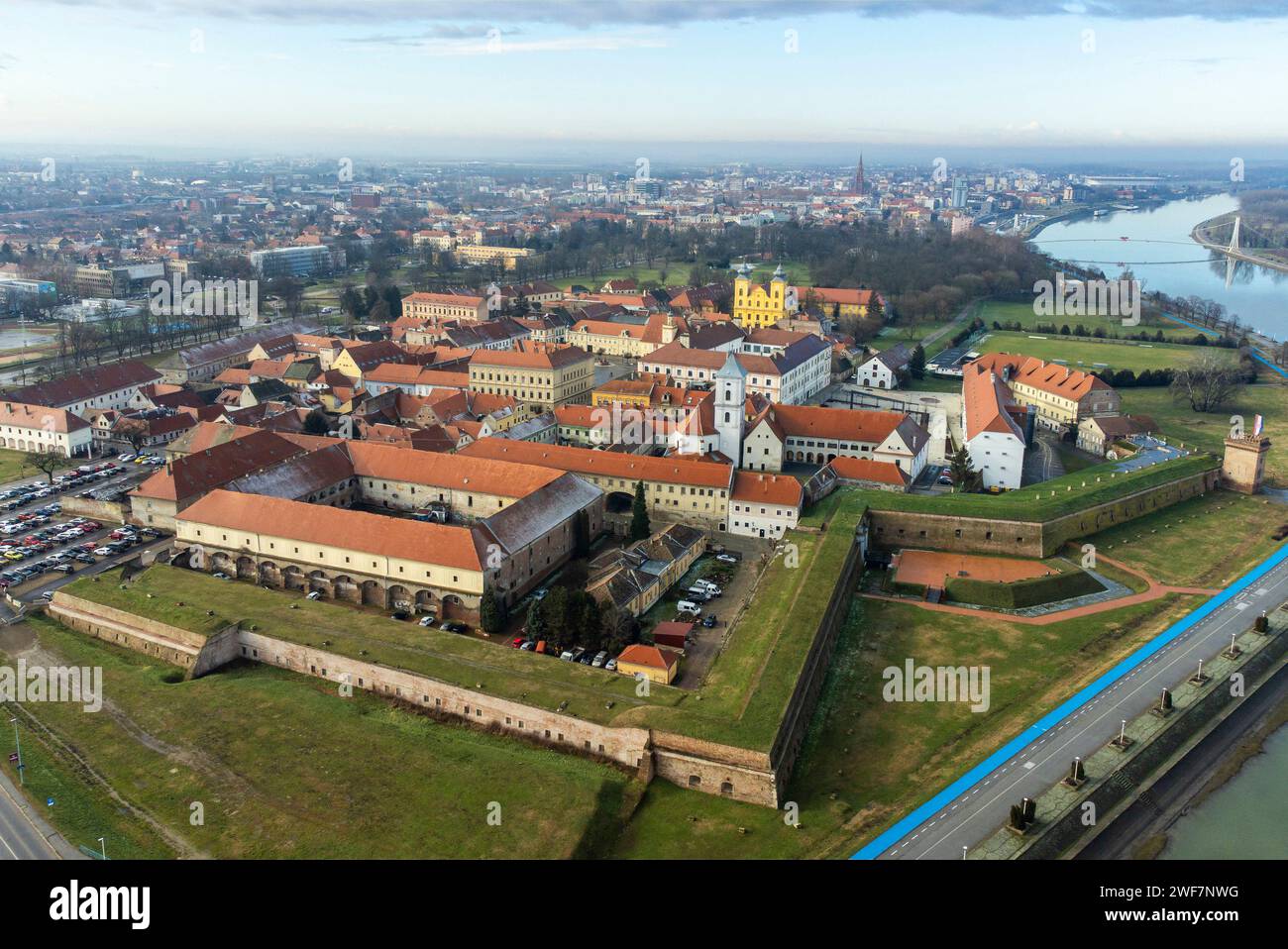 Osijek, Croatia. 23rd Jan, 2024. Aerial photo of Tvrdja (Citadel), the ...