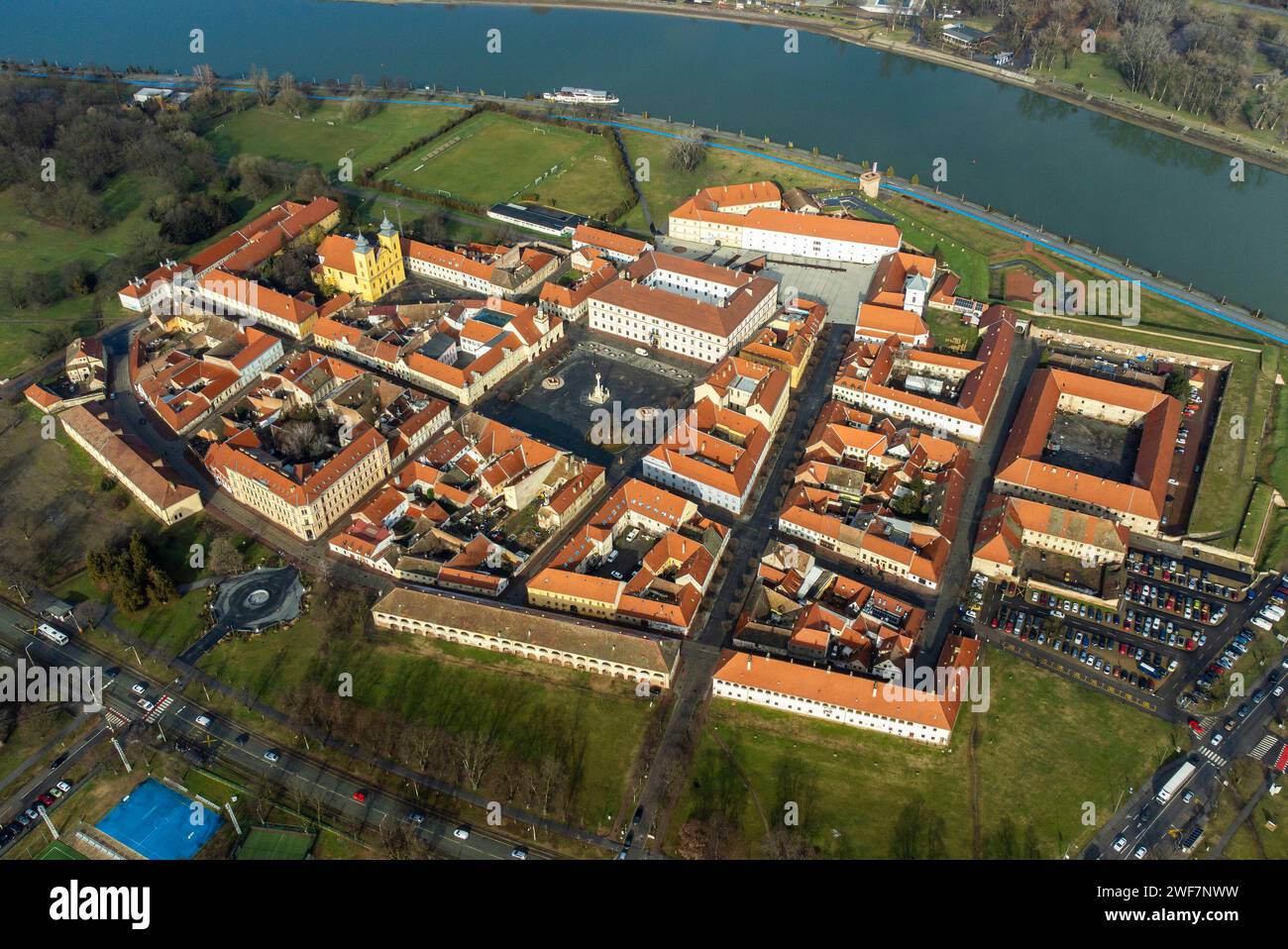 Osijek, Croatia. 23rd Jan, 2024. Aerial photo of Tvrdja (Citadel), the ...