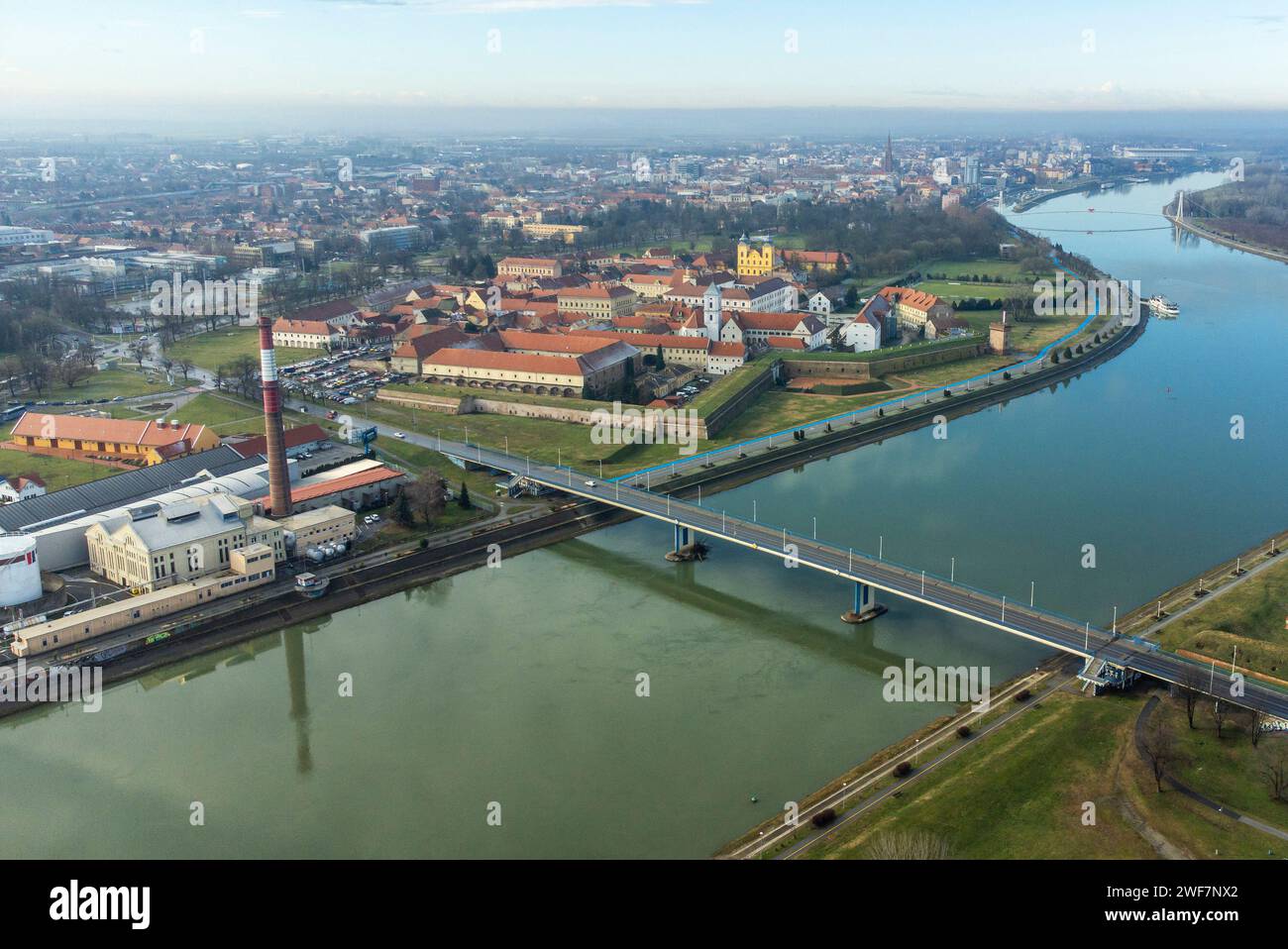 Osijek, Croatia. 23rd Jan, 2024. Aerial photo of Tvrdja (Citadel), the ...