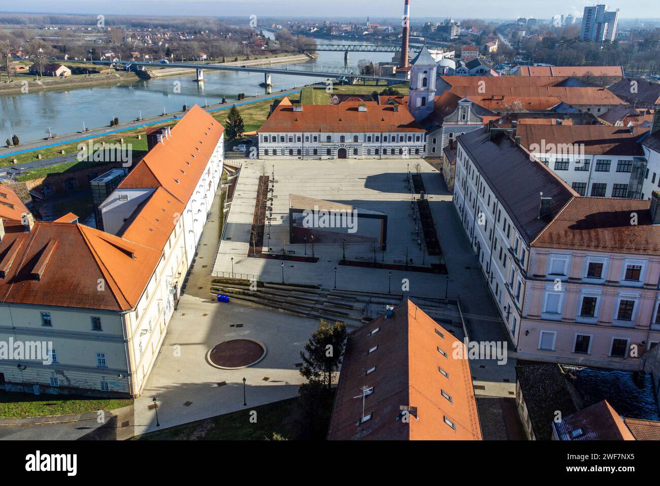 Osijek, Croatia. 23rd Jan, 2024. Aerial photo of Tvrdja (Citadel), the ...