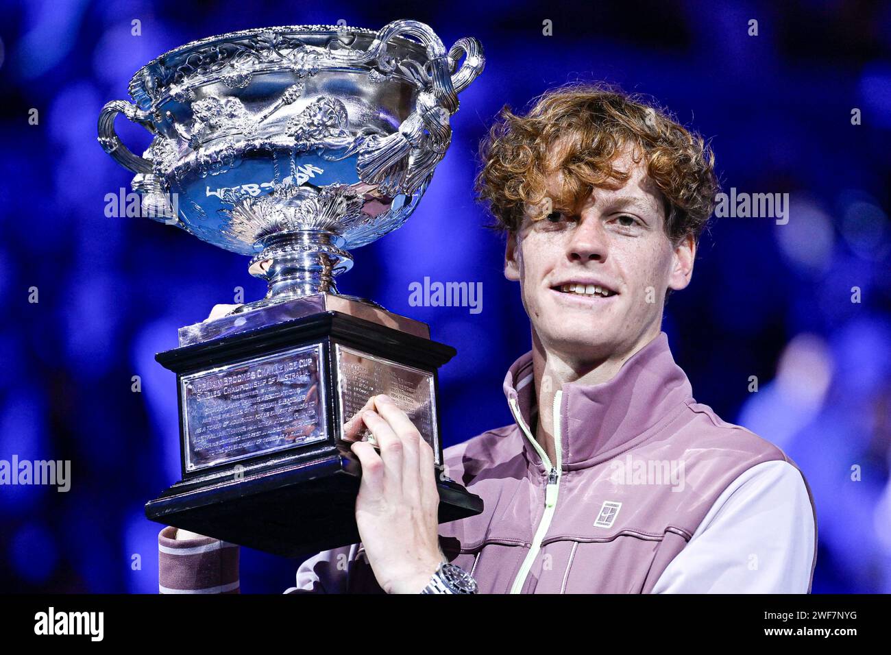 Melbourne, Australia. 28th Jan, 2024. Jannik Sinner of Italy with the Norman Brookes cup trophy ...
