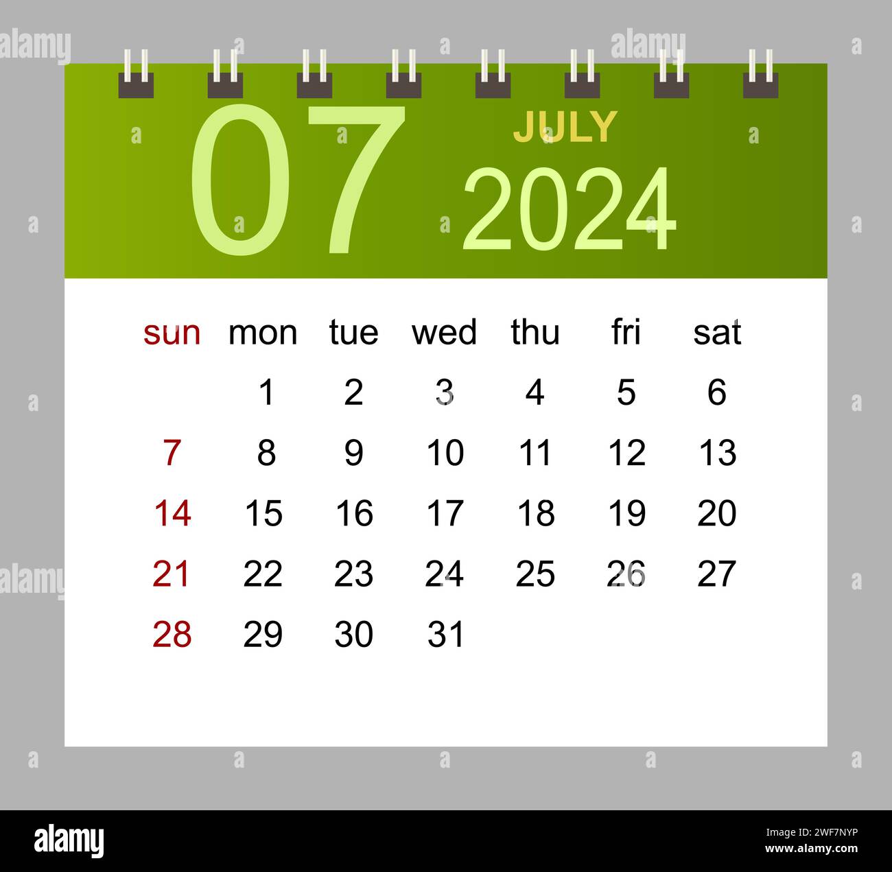 July 2024. Vector monthly calendar template 2024 year in simple style ...