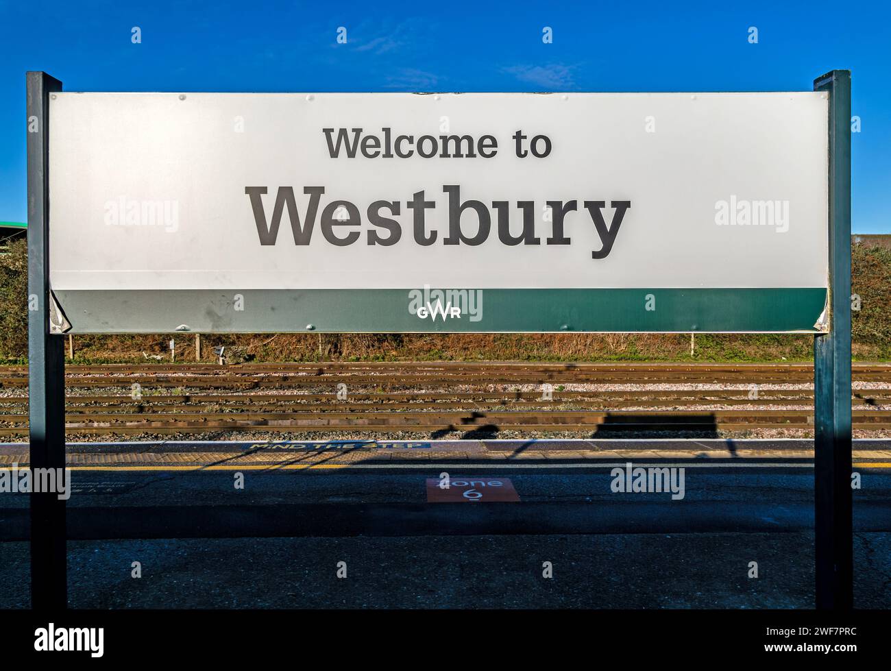 Sign on platform at Westbury GWR railway station, Westbury, Wiltshire ...