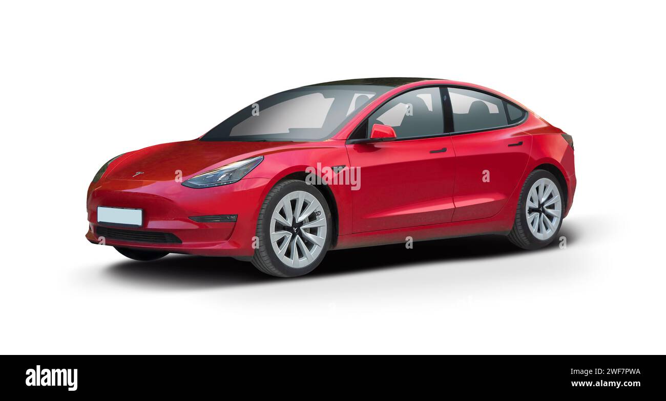 Tesla Model 3 car with red color isolated on white background Stock ...