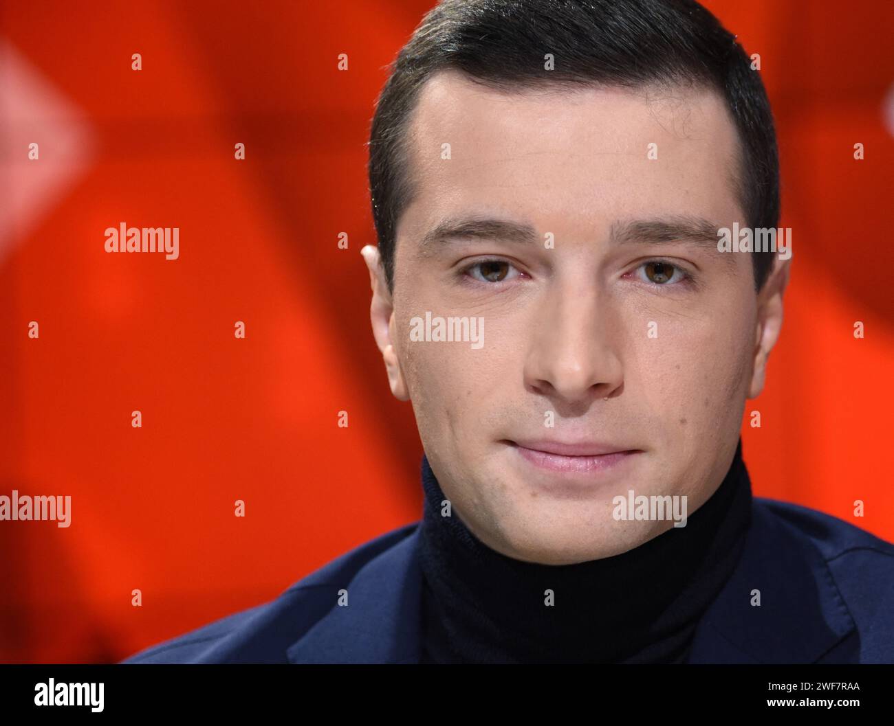 Jordan Bardella is interviewed by Apolline de Malherbe on RMC/BFMTV in ...