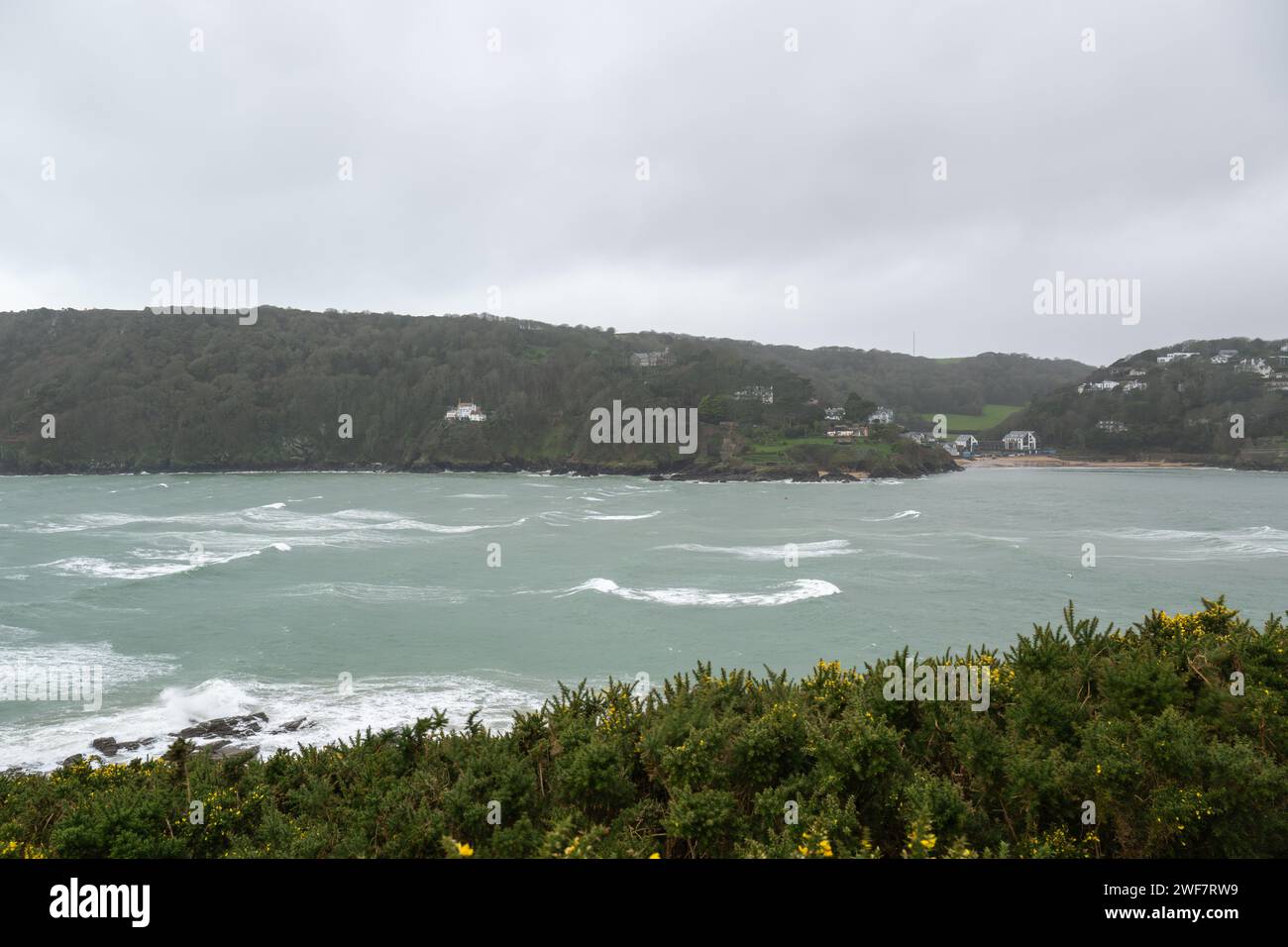 South Sands, Sharp Tor and Splatcove Point taken, on a dry, grey ...