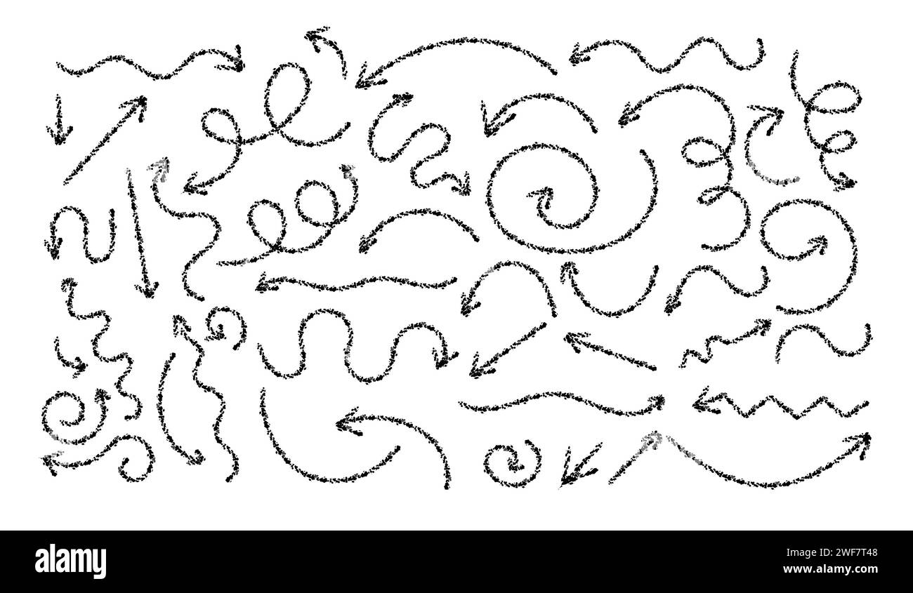 Hand drawn crayon chalk charcoal line arrows set. curvy and wavy arrows ...