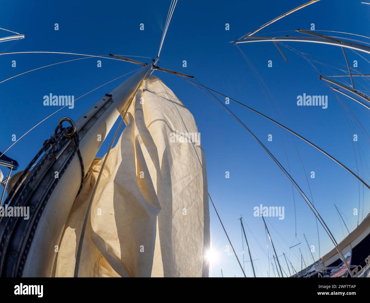 The old sails of sailboat view from the bottom with fisheye Stock Photo ...