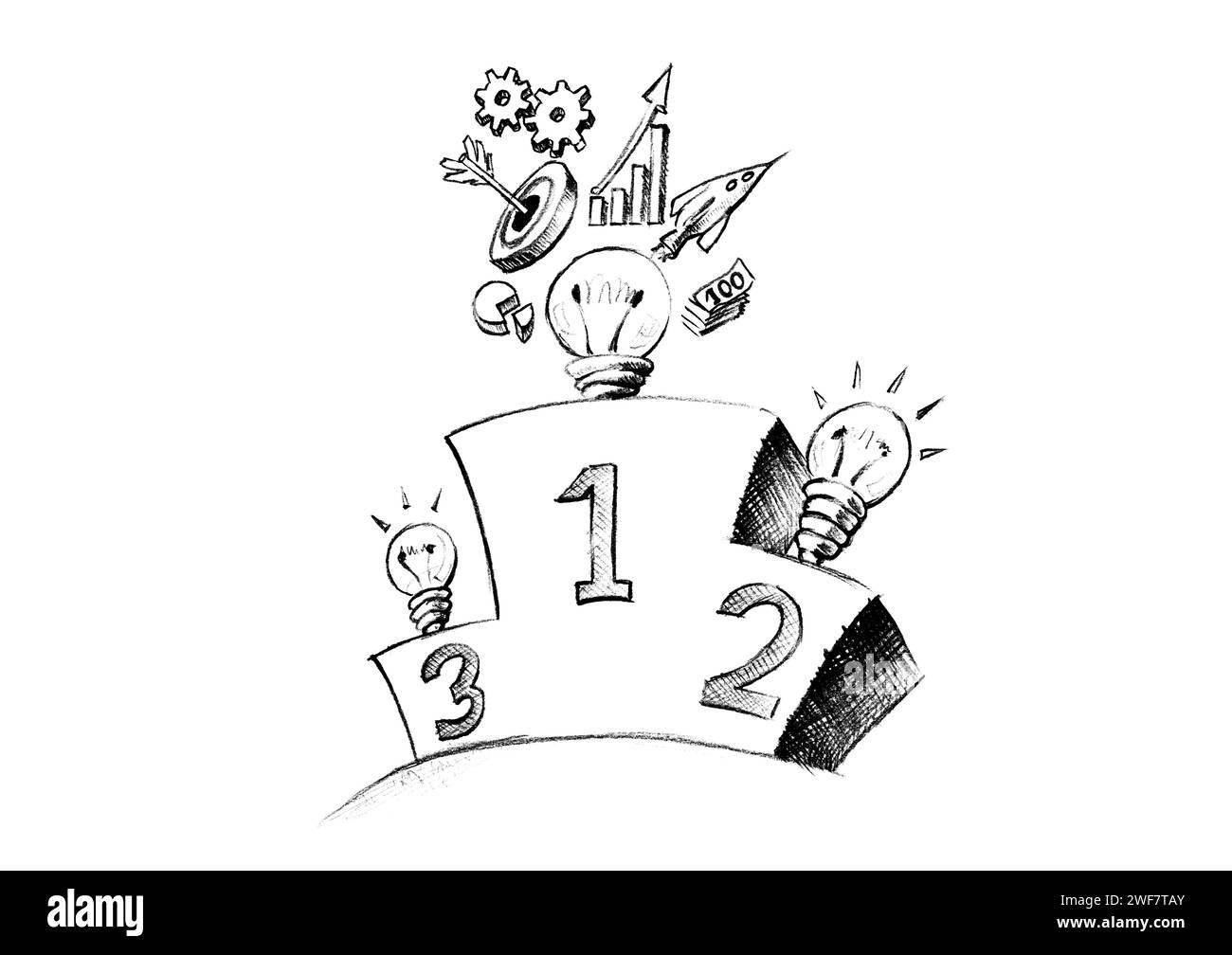 Freehand pencil drawing of three lightbulbs standing on a winning ...