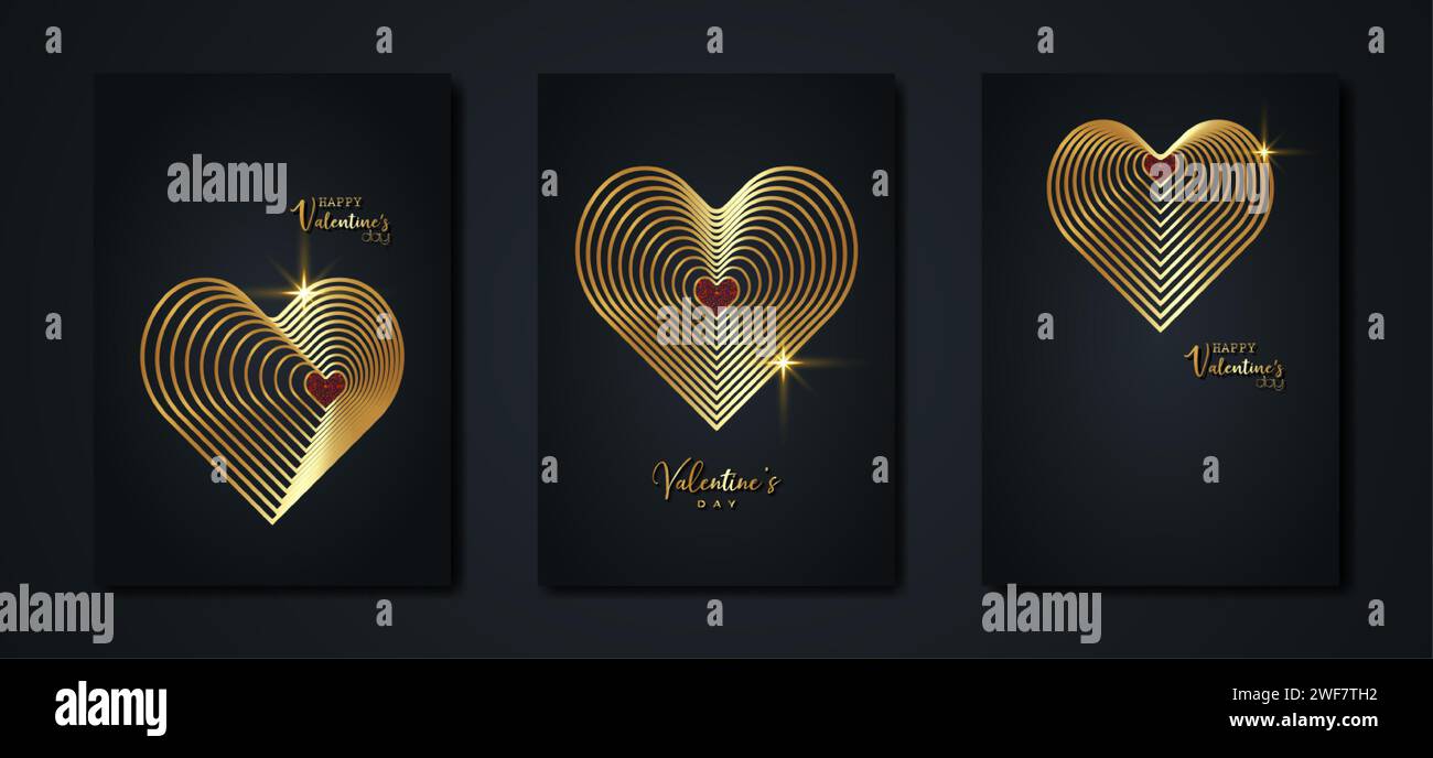 Happy Valentines day vector set greeting card. Gold hearts on black ...