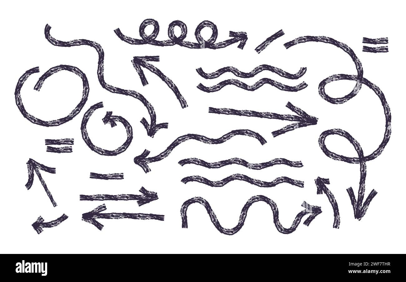 Hand drawn crayon chalk charcoal line arrows set. curvy and wavy arrows ...