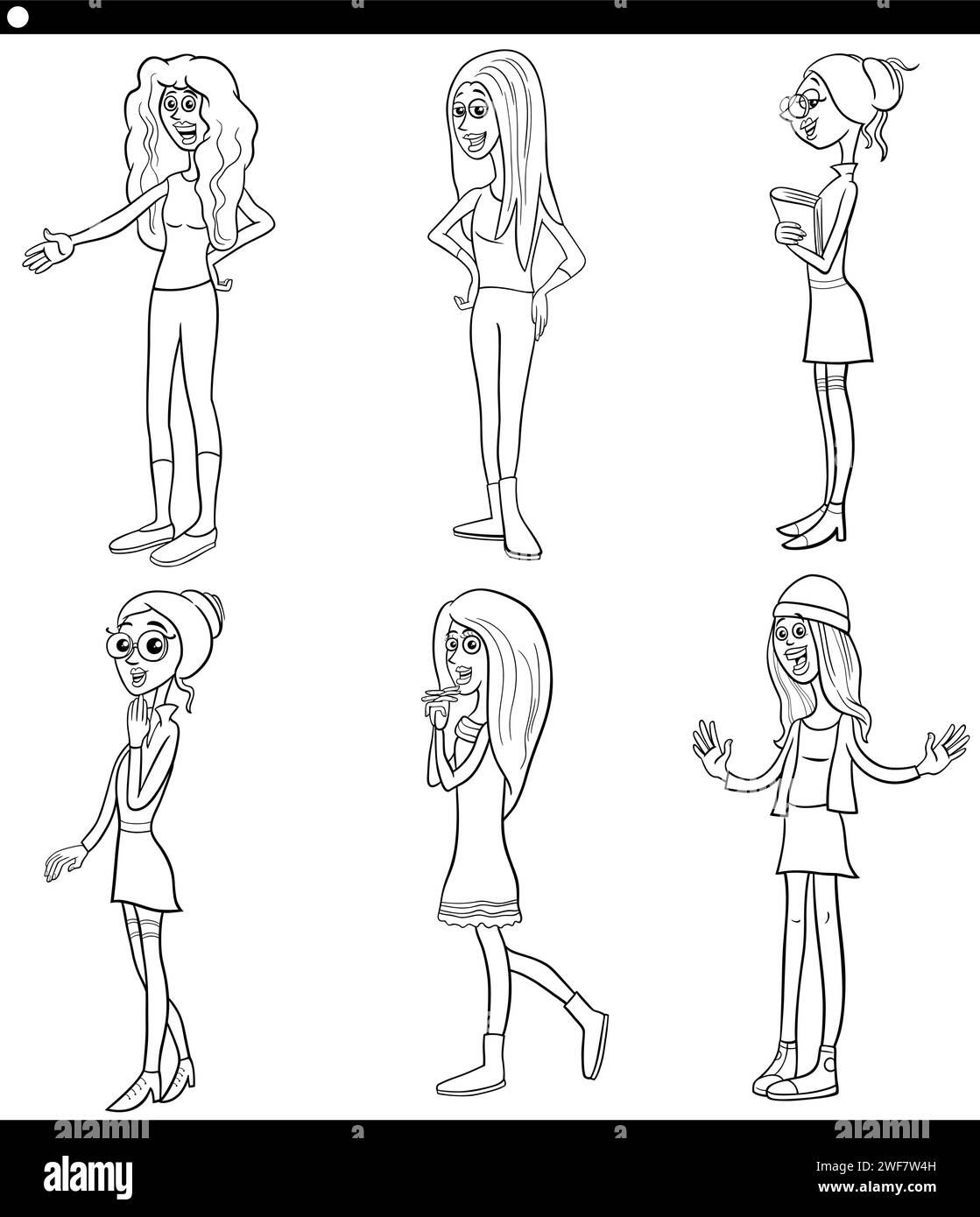 Cartoon illustration of funny young women characters caricature set ...