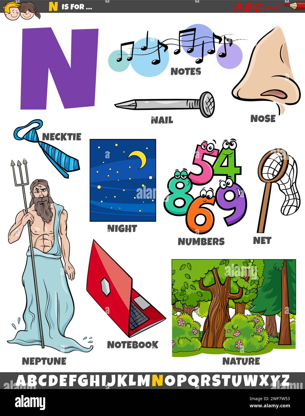 Cartoon illustration of objects and characters set for letter N Stock ...