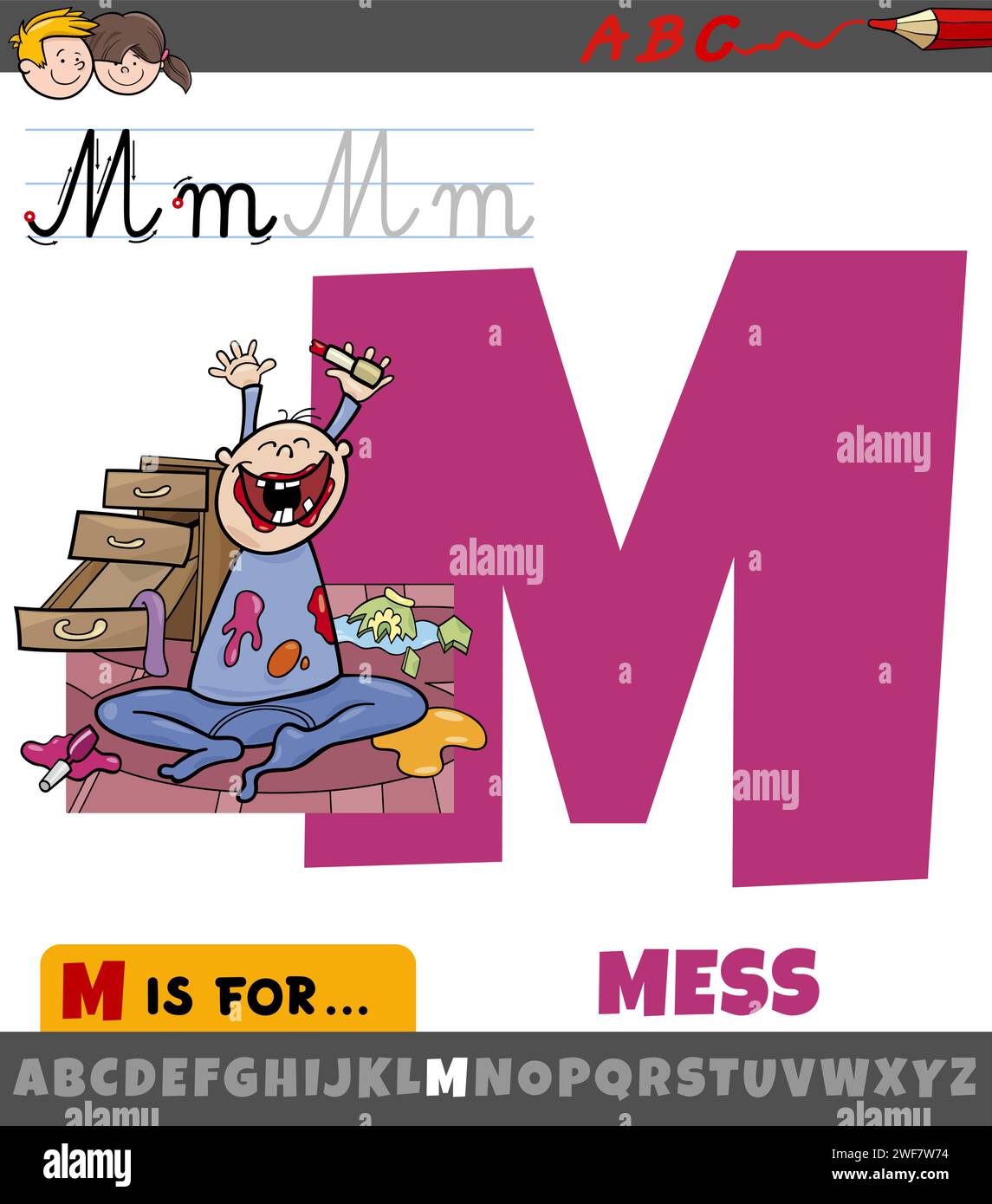 Educational cartoon illustration of letter M from alphabet with mess ...
