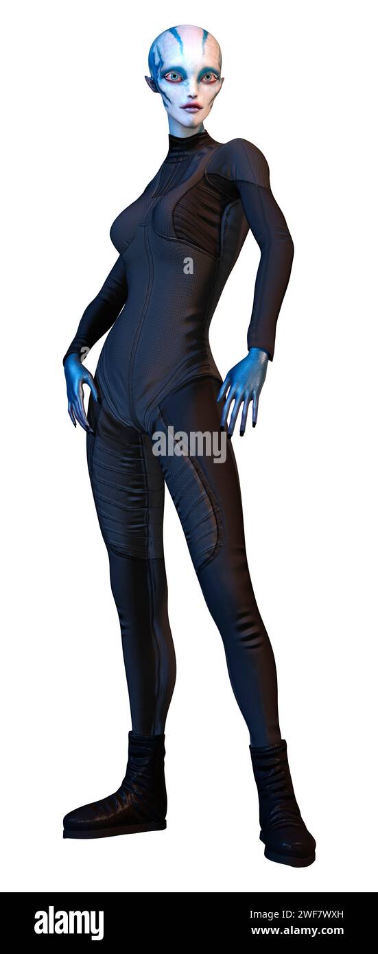 3D rendering of a blue female alien isolated on white background Stock ...