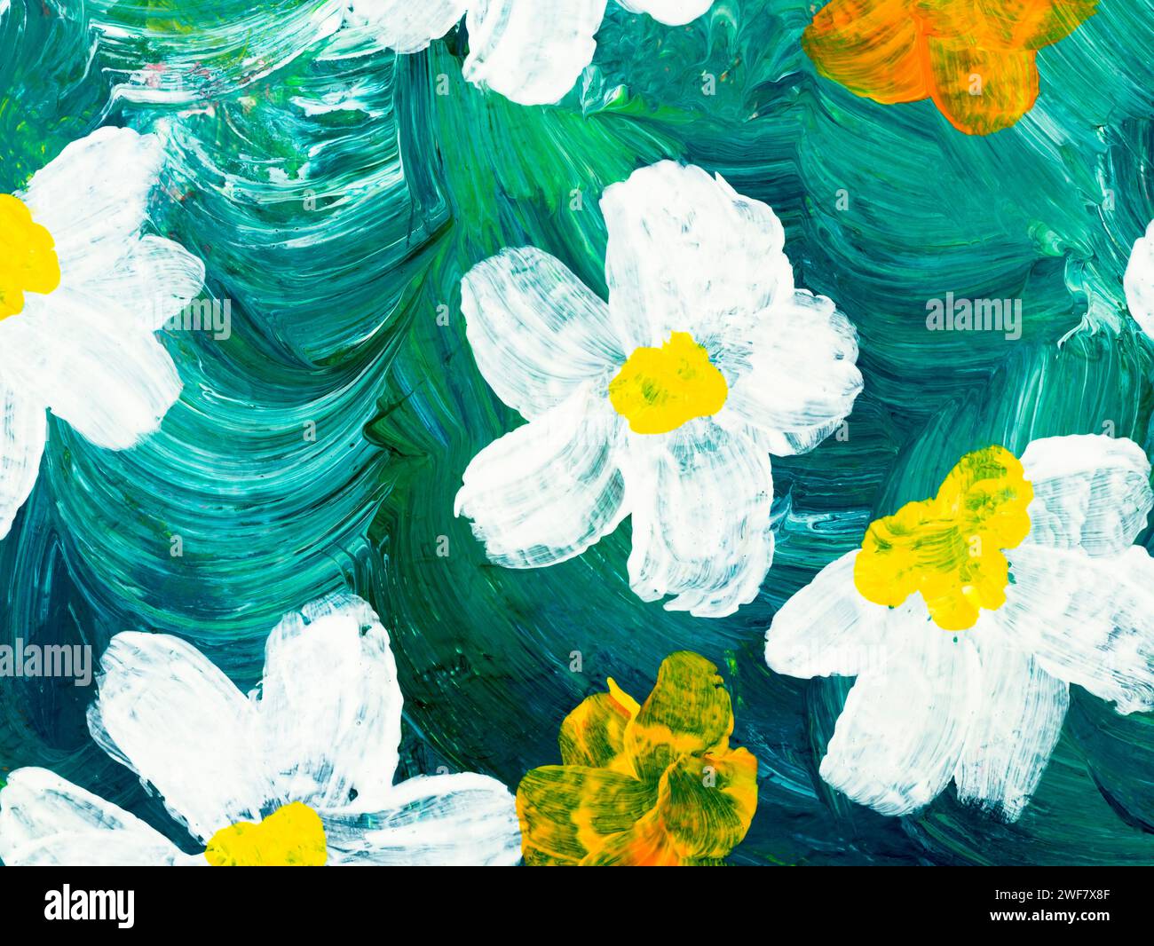Abstract daisy flowers, original hand drawn, impressionism style, color ...