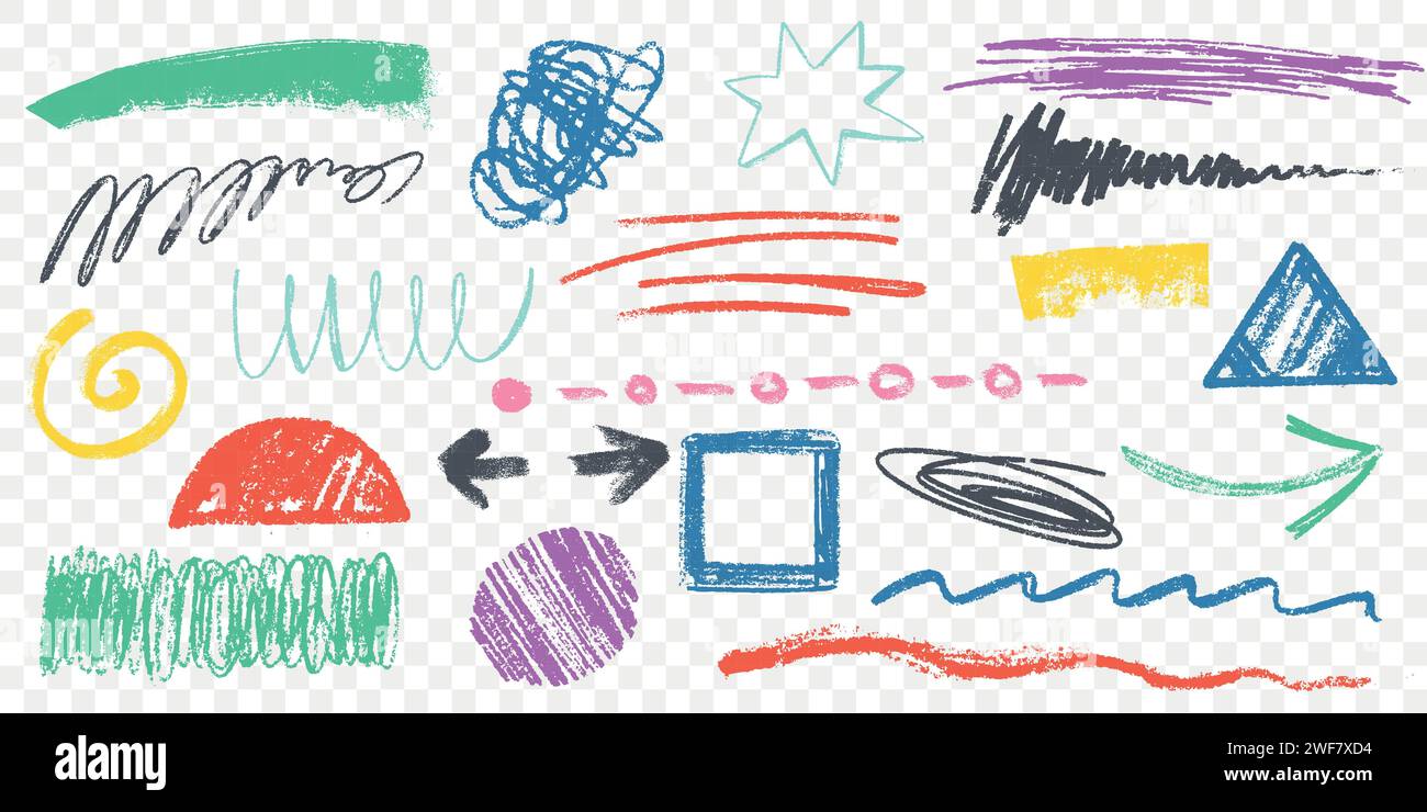 Hand drawn charcoal pencil squiggles, wavy lines and shapes. Color rough crayon strokes, arrows ...
