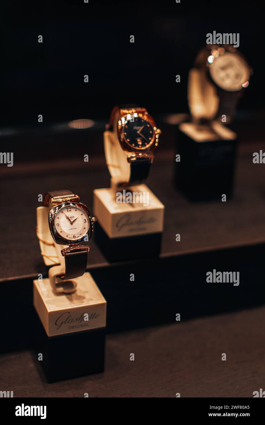 Glashutte Original watches on the window of a boutique in a shopping ...
