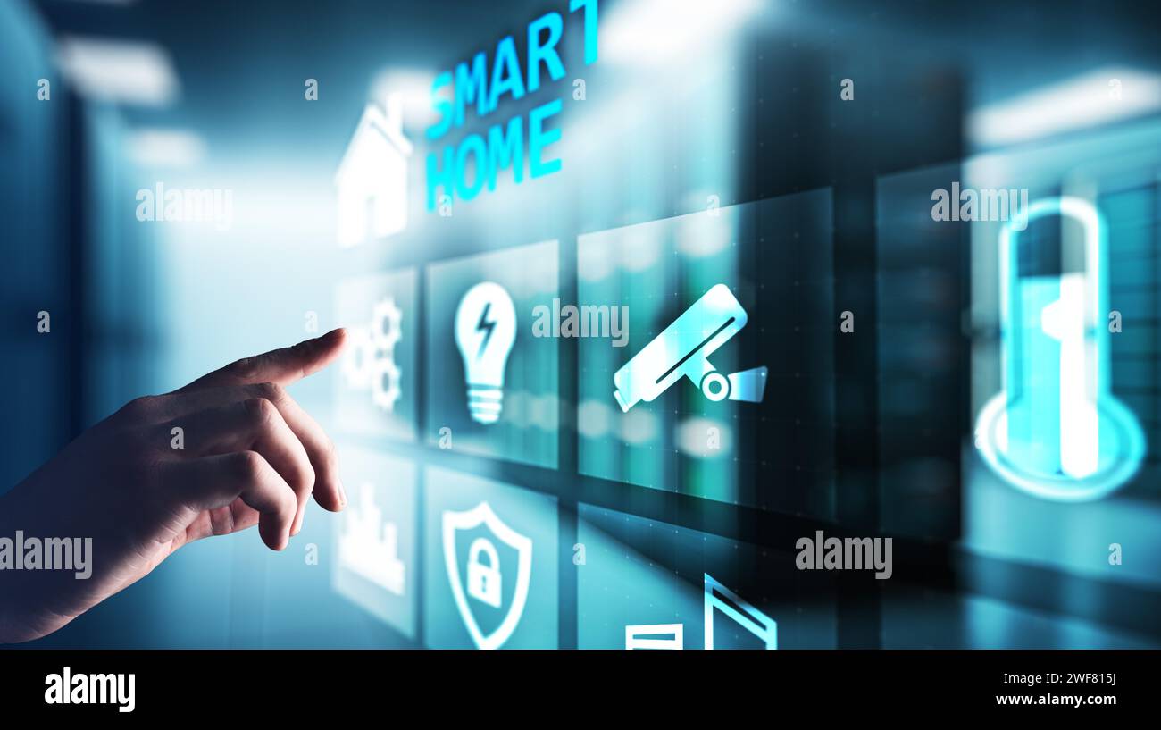 Smart home control panel on virtual screen. Internet of things, IOT ...
