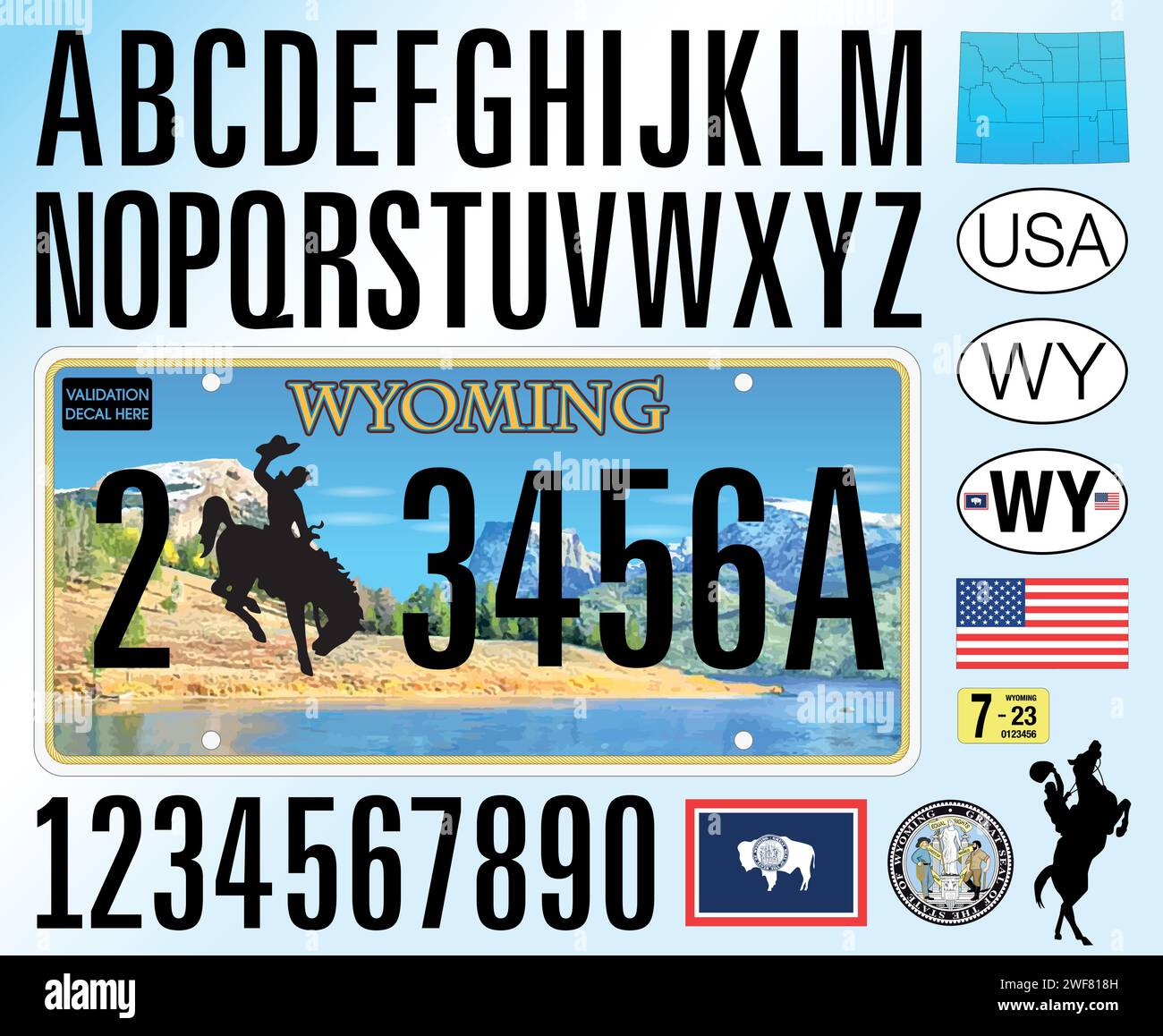 Wyoming car license plate, letters, numbers and symbols, vector ...